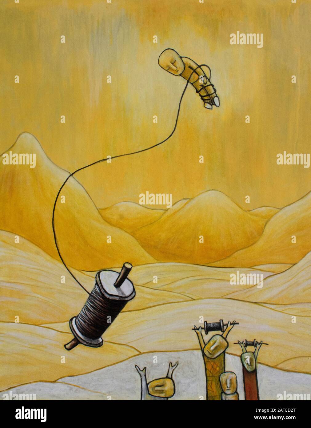 Free Soul. Children with spools of thread. One kid fly in the sky ...