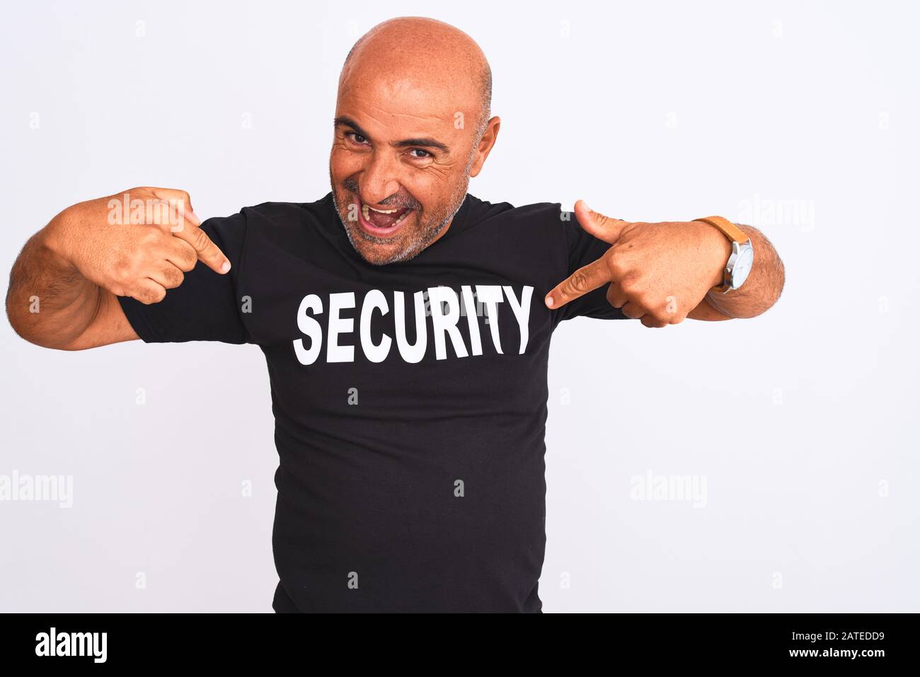 Middle age safeguard man wearing security uniform standing over ...