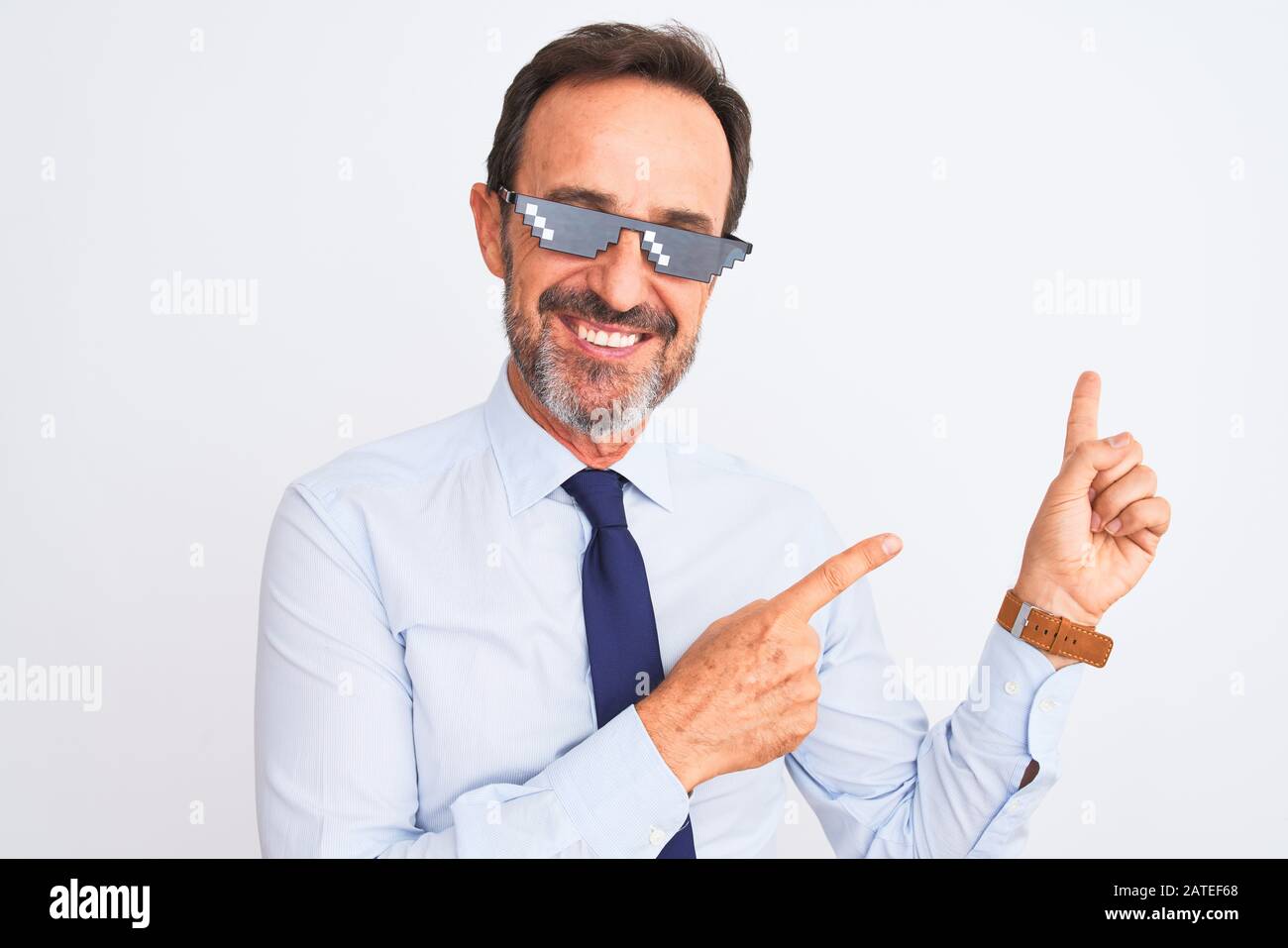 Middle age businessman wearing thug life sunglasses over isolated white ...
