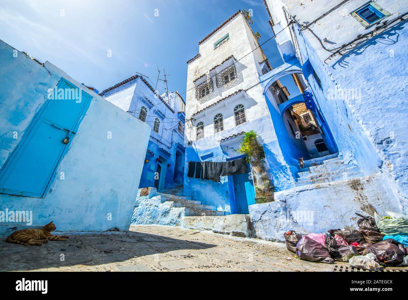 Color image of a street inthe famous blue town Chefchaouen, Morocco ...
