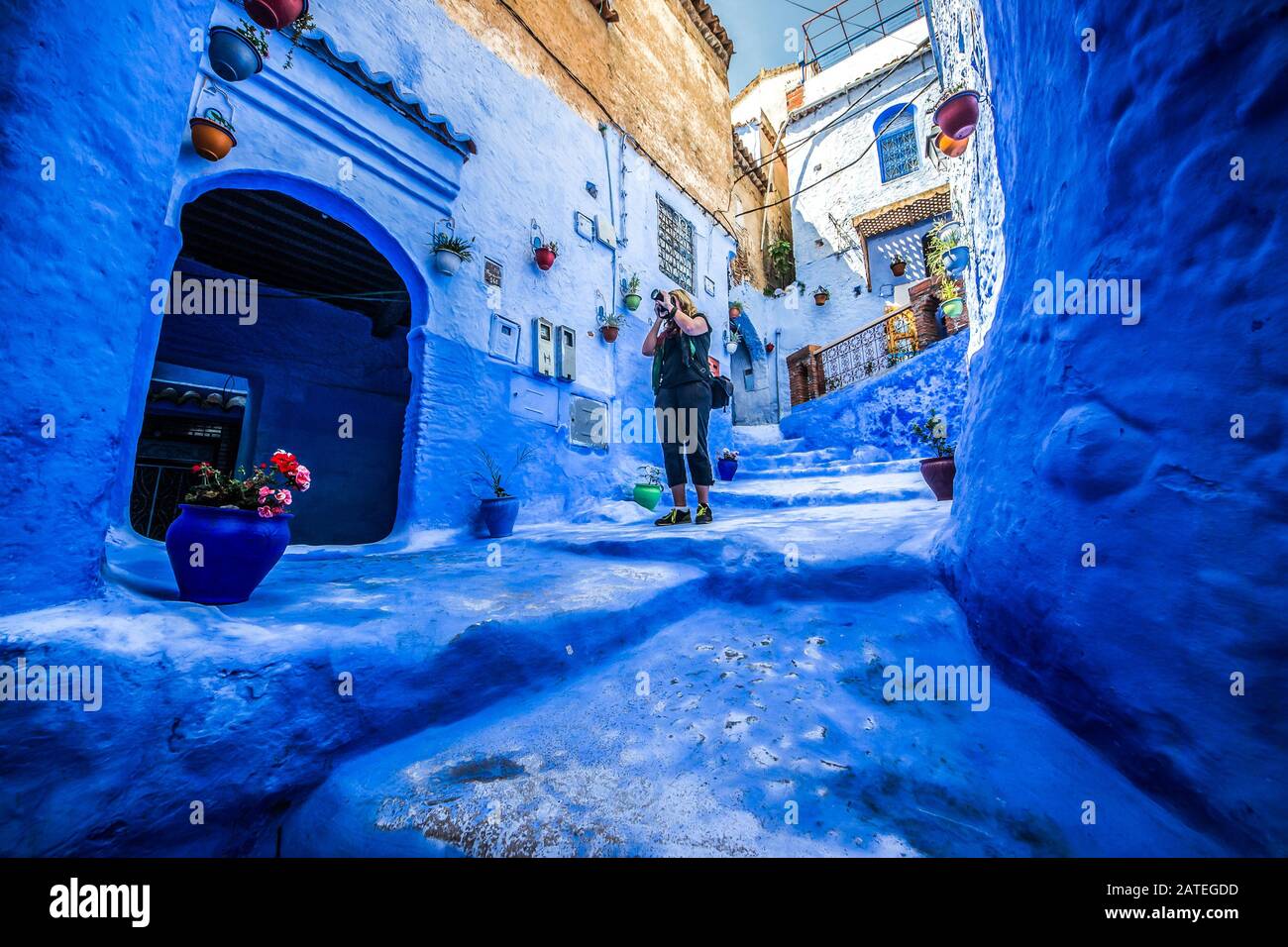 Color image of a street inthe famous blue town Chefchaouen, Morocco ...