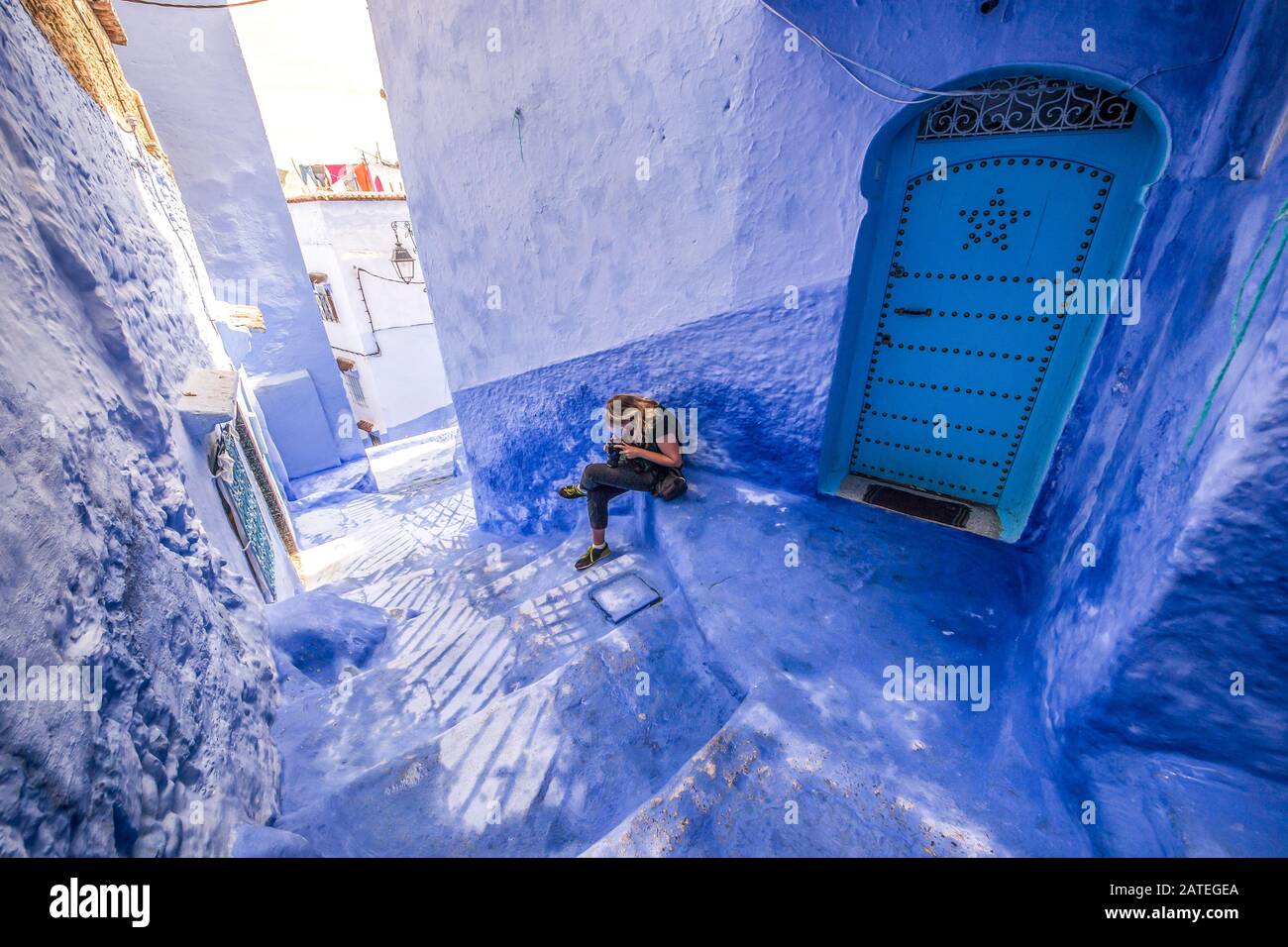 Color image of a street inthe famous blue town Chefchaouen, Morocco ...