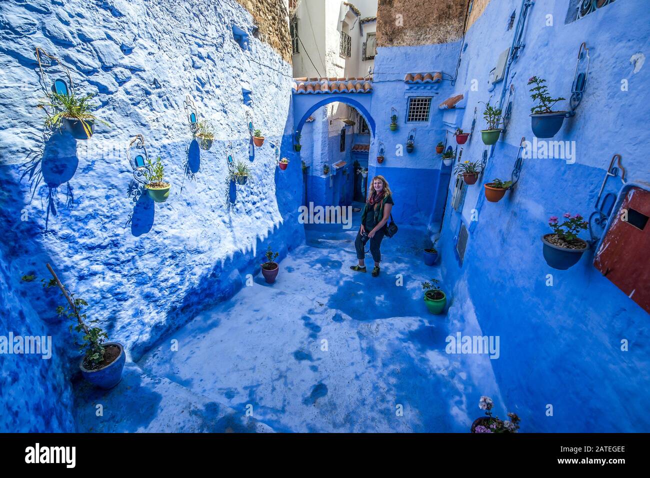 Color image of a street inthe famous blue town Chefchaouen, Morocco ...