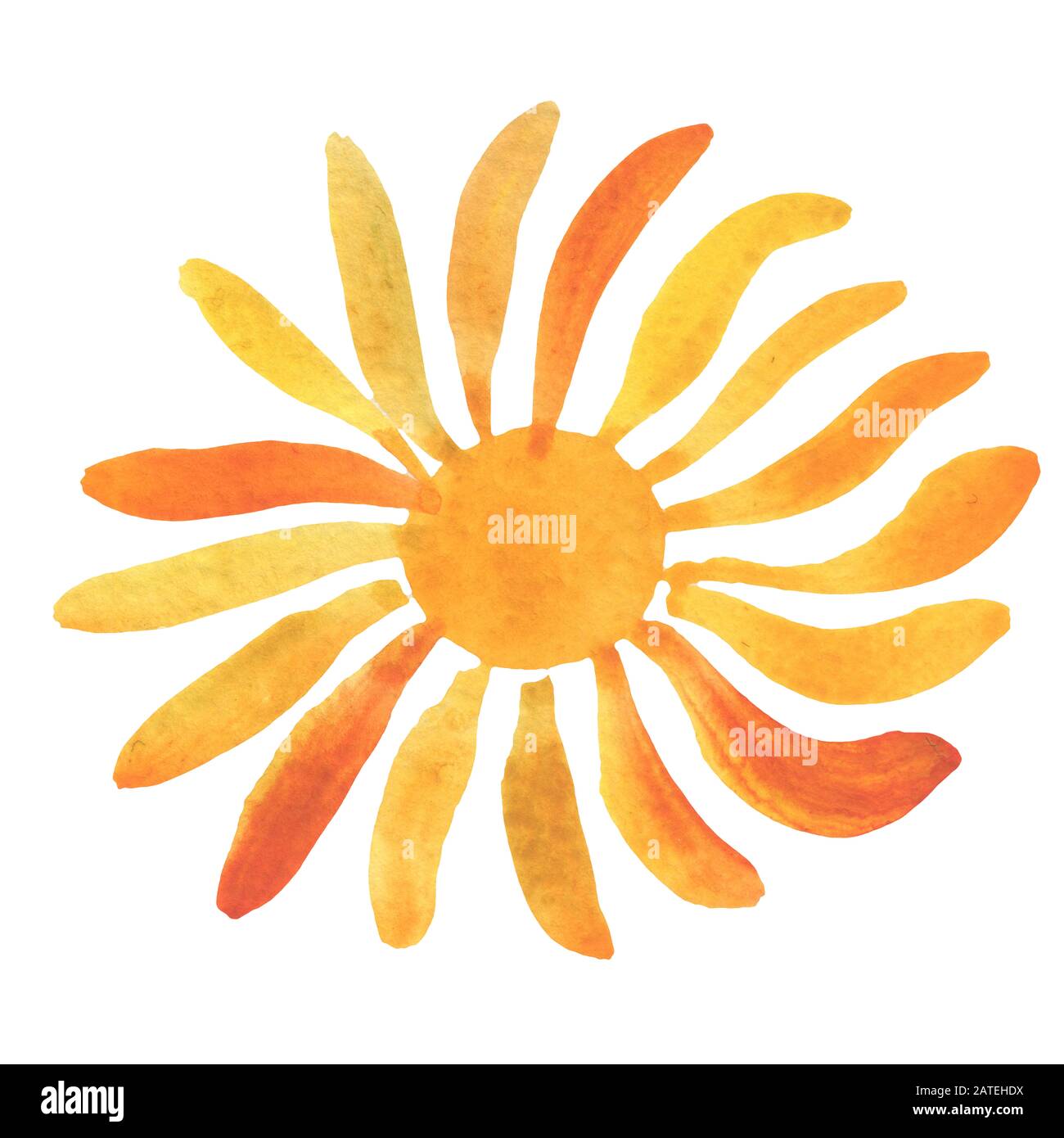 Watercolor sun, rays flat icon closeup silhouette isolated on white ...