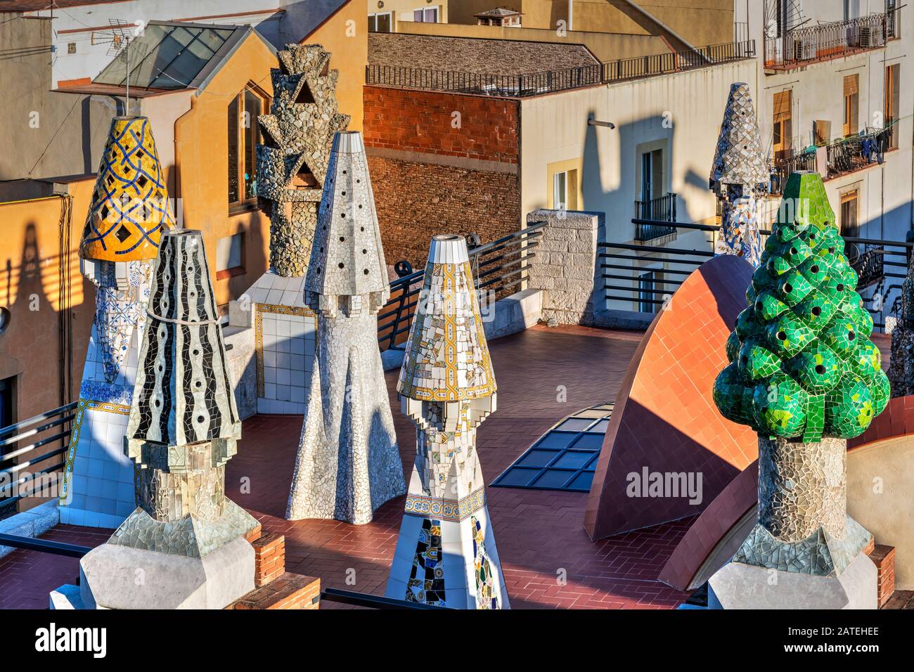 Chimneys on the rooftop terrace of Palau Guell mansion designed by ...