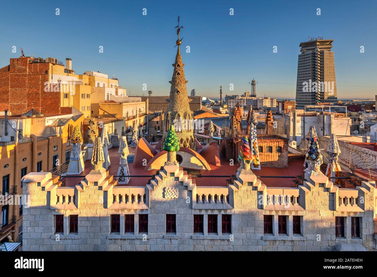 Rooftop terrace of Palau Guell mansion designed by architect Antoni ...