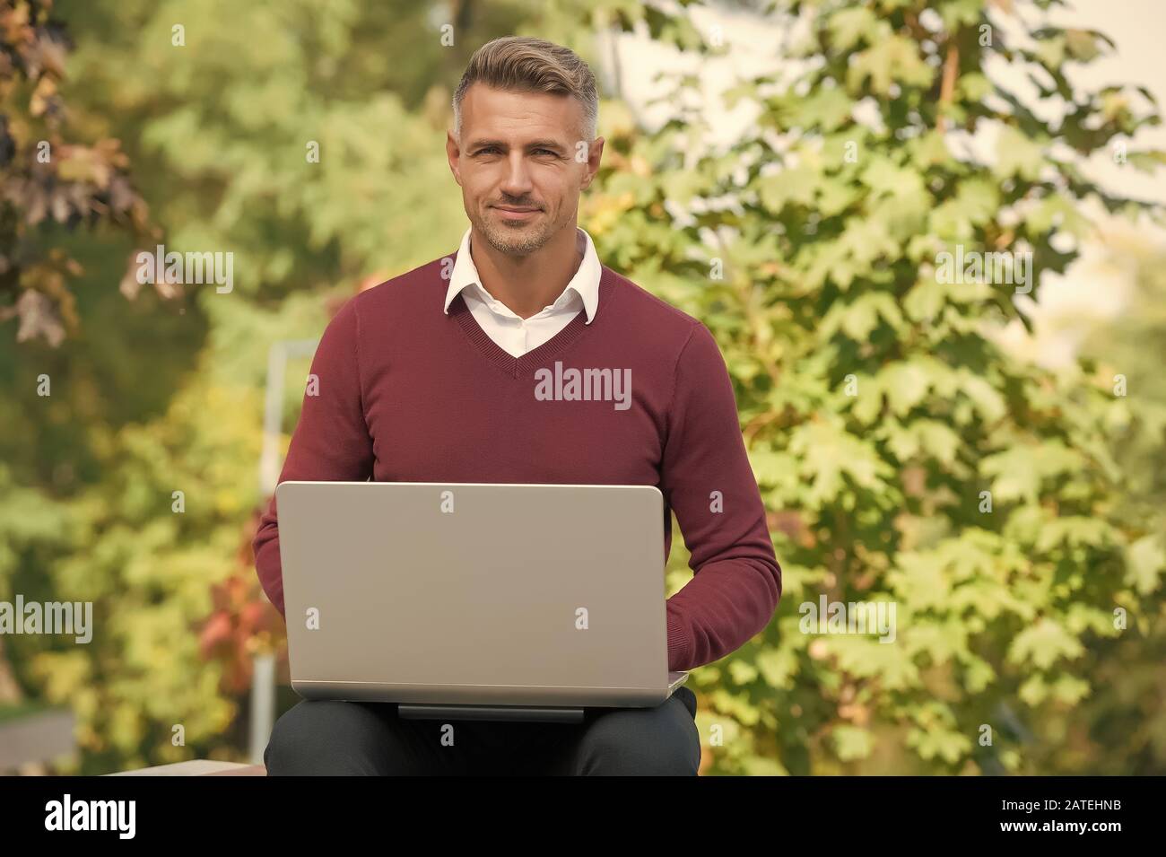 Green office. Inspiring innovations. Businessman inspired by nature guy ...