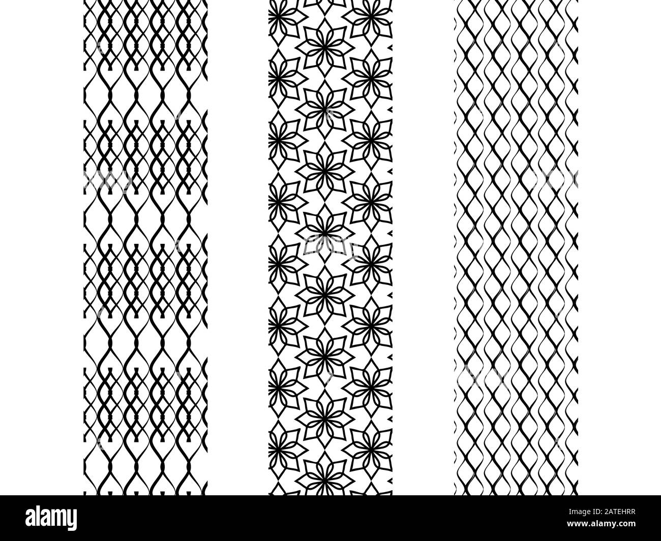 Three black and white textile patterns with abstract knots, flowers and ...