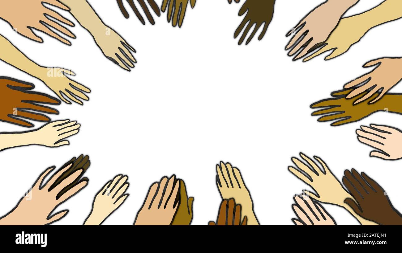 Diversity hands in circles, multicultural humanity connection, white ...