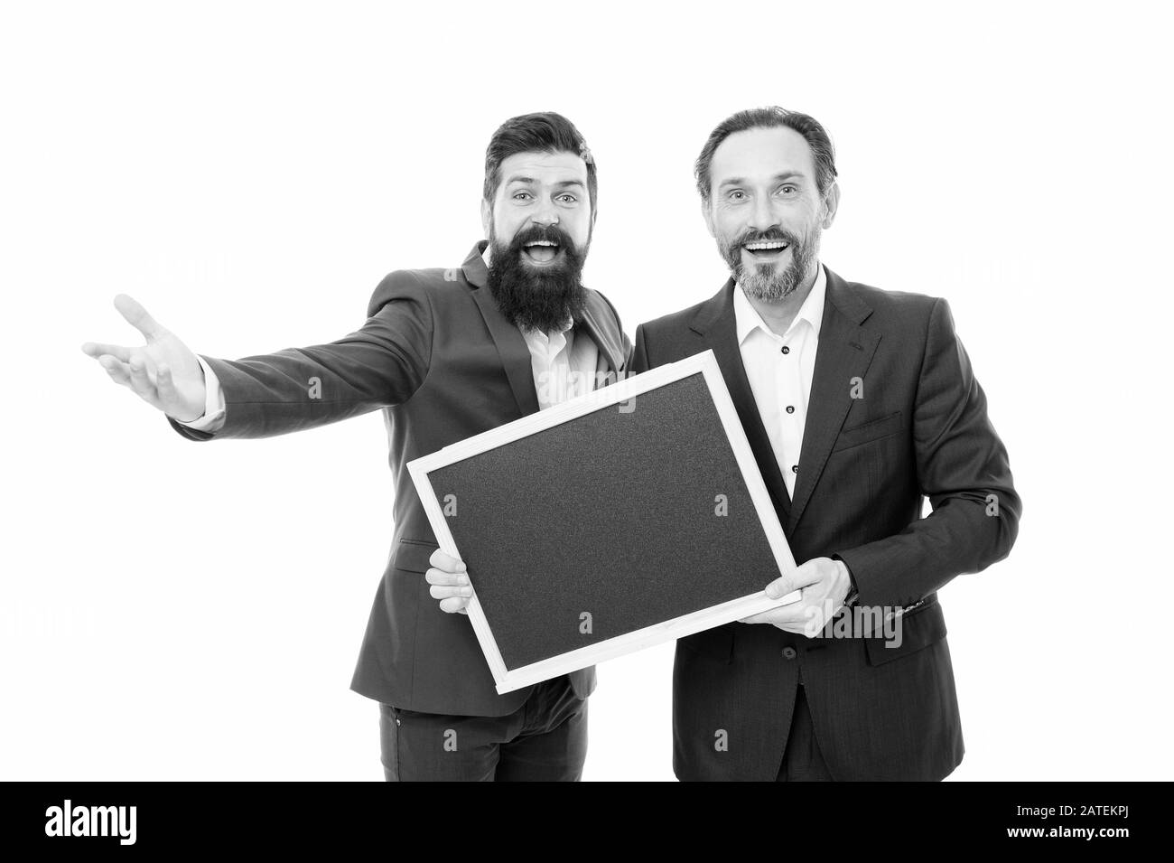Interesting information. Business people concept. Men bearded guys wear ...