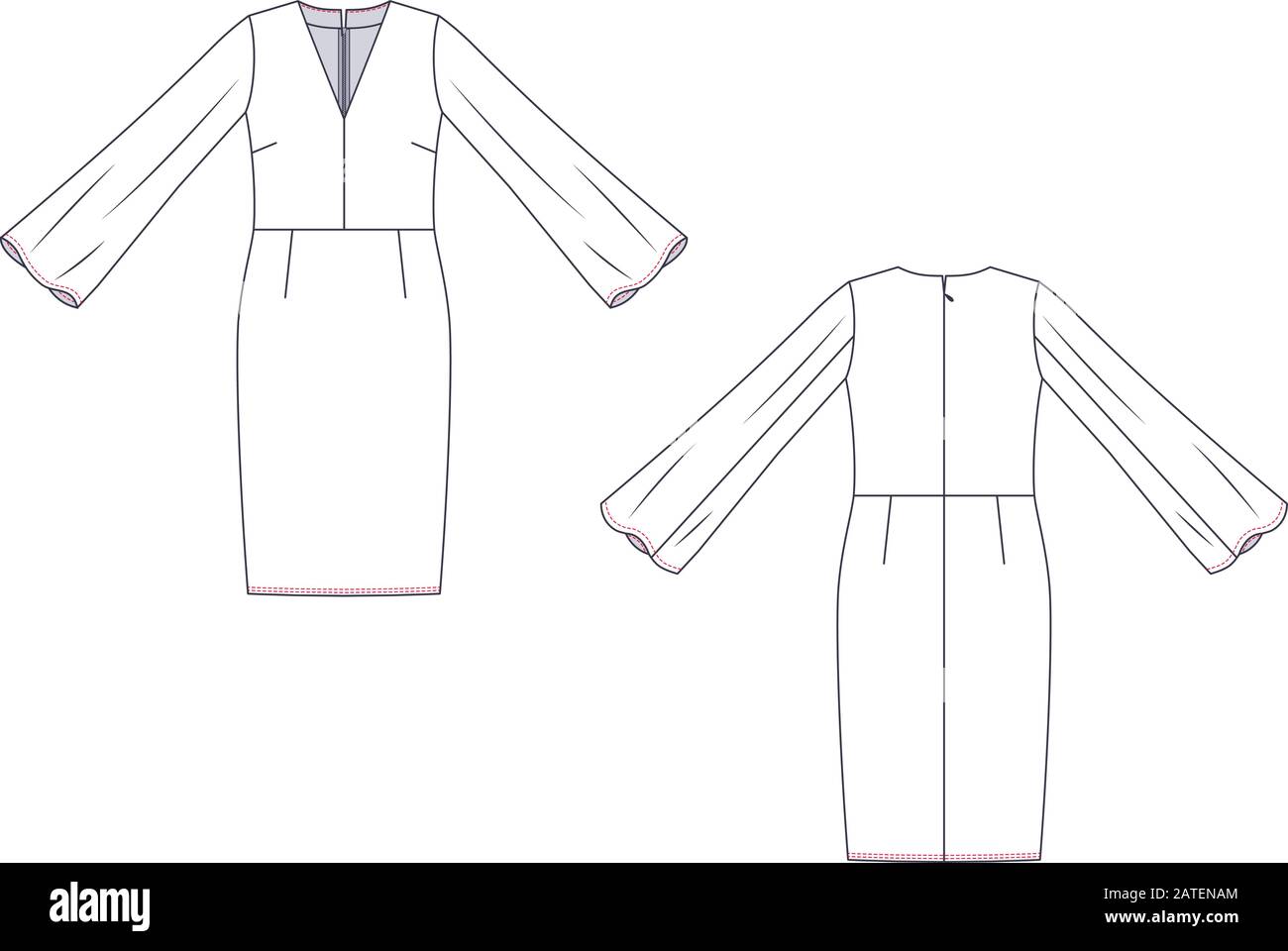 Vector fashion technical sketch of women middle dress Stock Vector ...