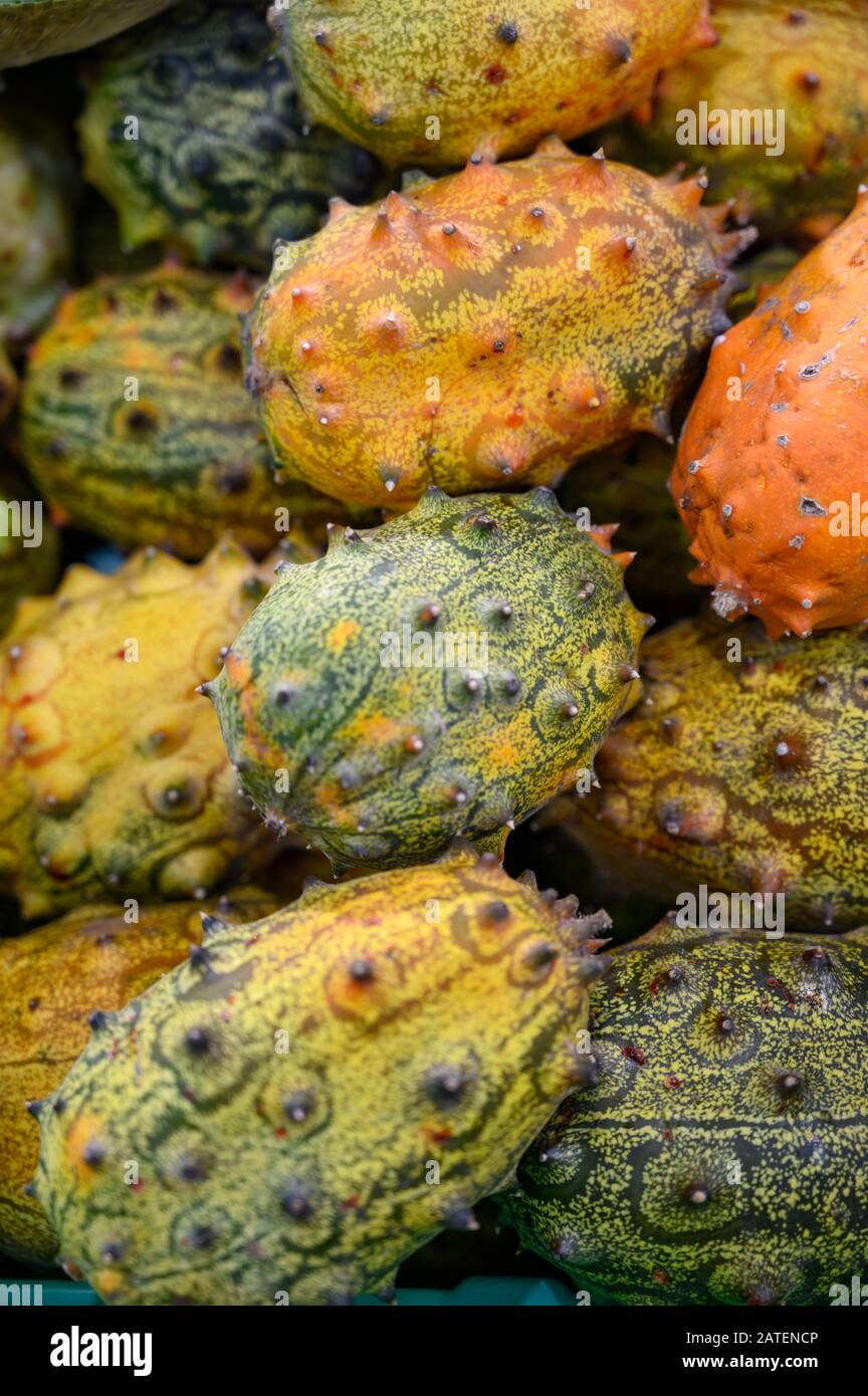 Horned melon or kiwano exotic fruits close up, tropical fruits ...