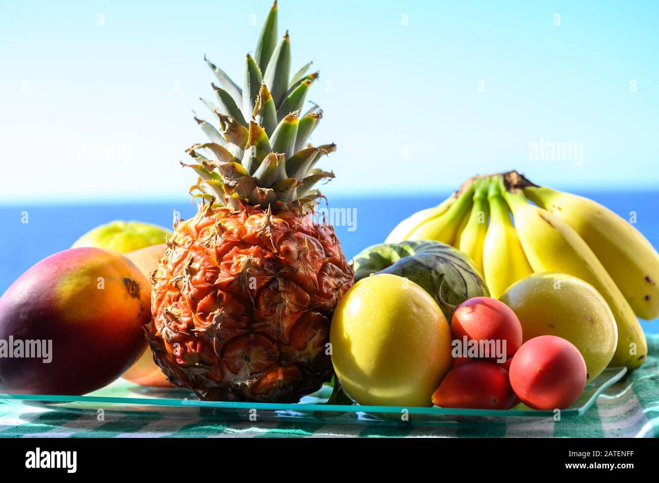 Tropical fruits collection, custard apple or green ripe cherymoia ...