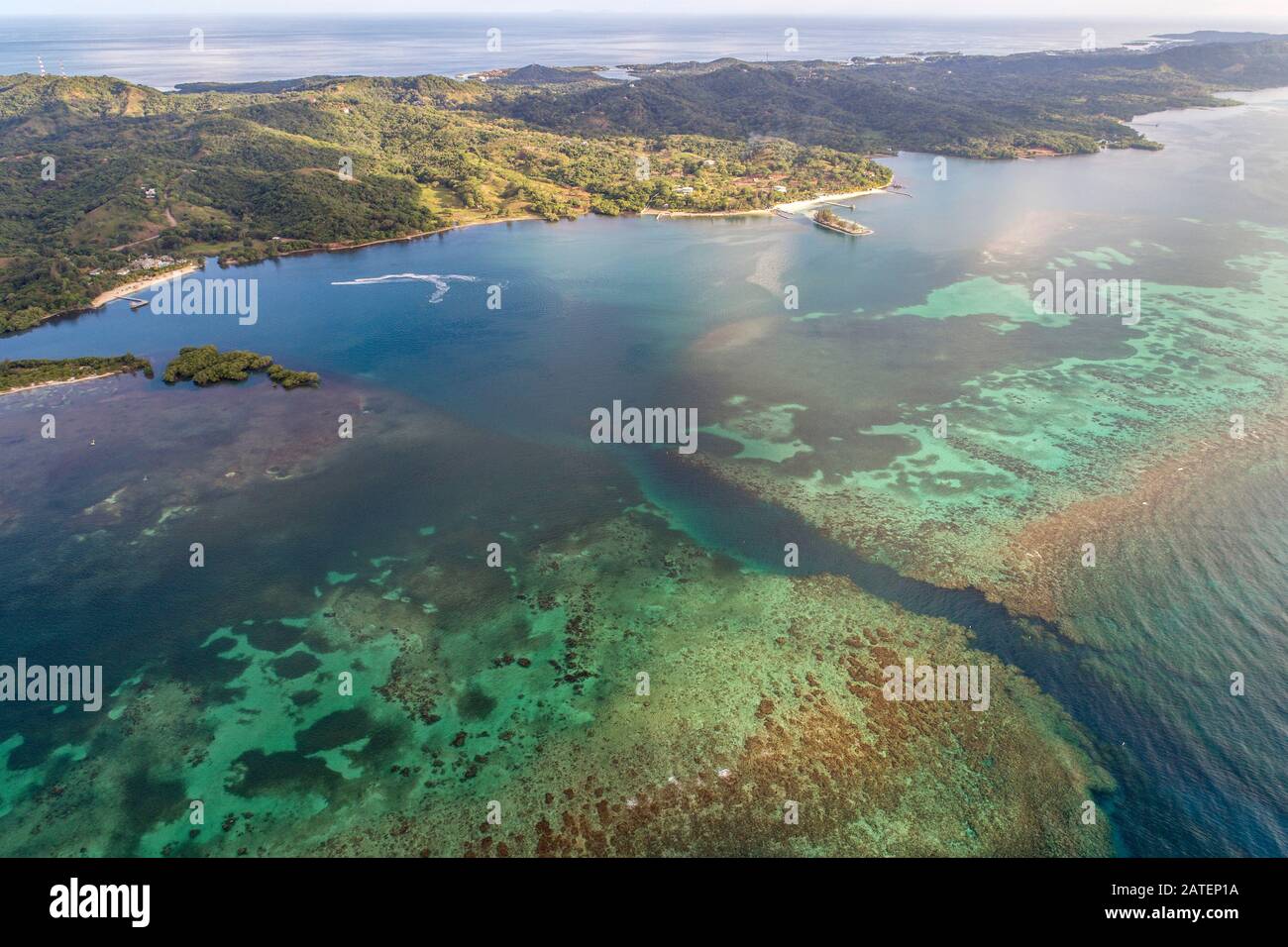 Aerial View of Turquoise Bay, Roatan, Honduras, Caribbean Sea Stock ...