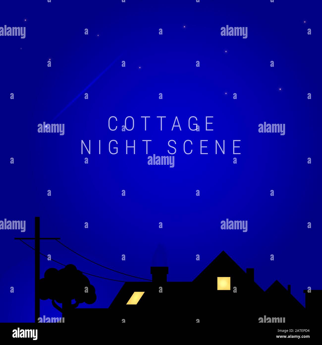 Cottage night scene. Inside-lit village house with an old oak tree ...