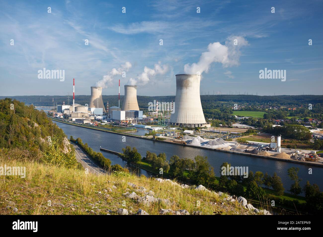 Shot of the nuclear power plant in Tihange, Belgium at the river Meuse ...