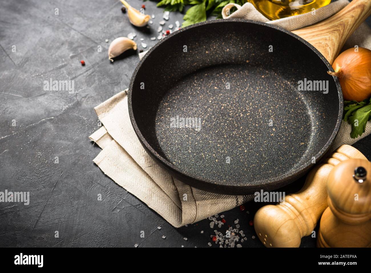 Food cooking background on black table Stock Photo - Alamy