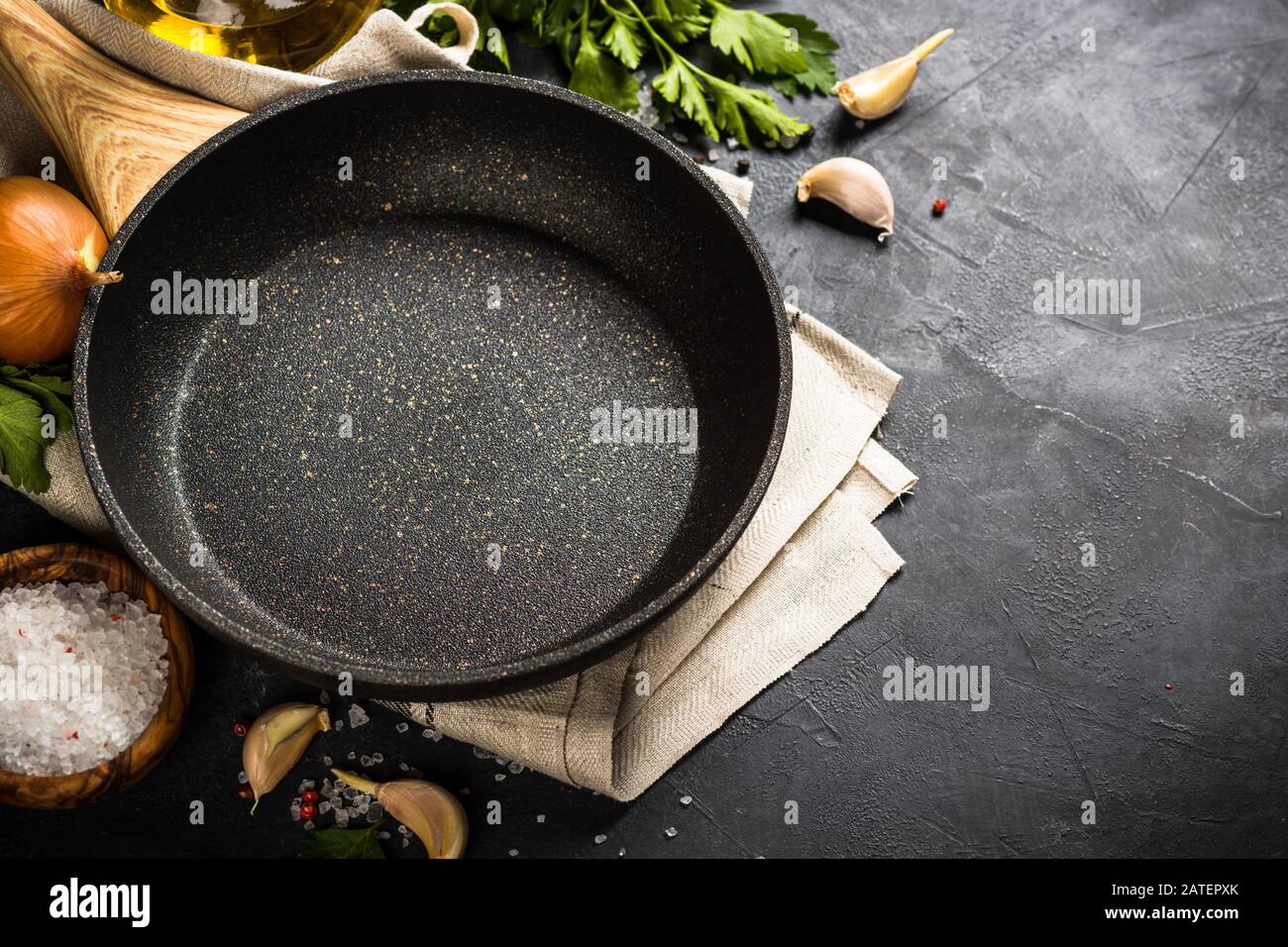 Food cooking background on black table Stock Photo - Alamy