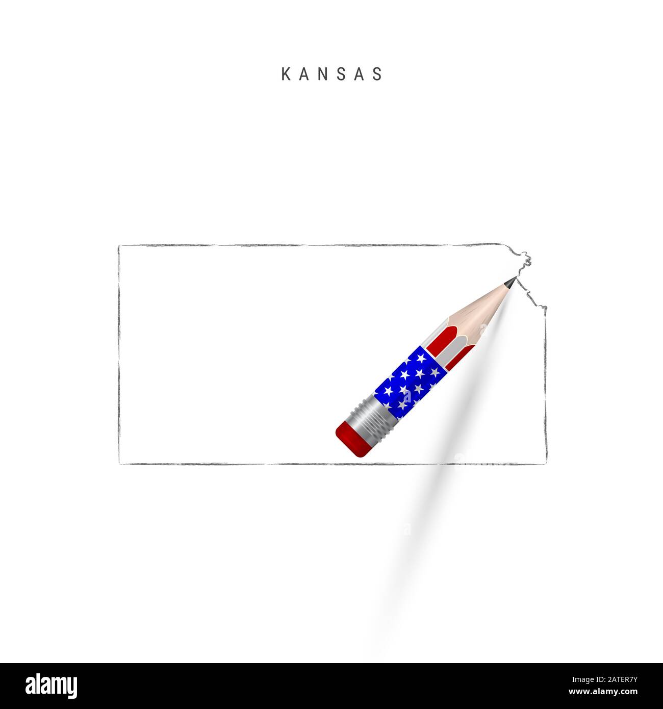 Kansas US state map pencil sketch. Kansas outline contour map with 3D ...