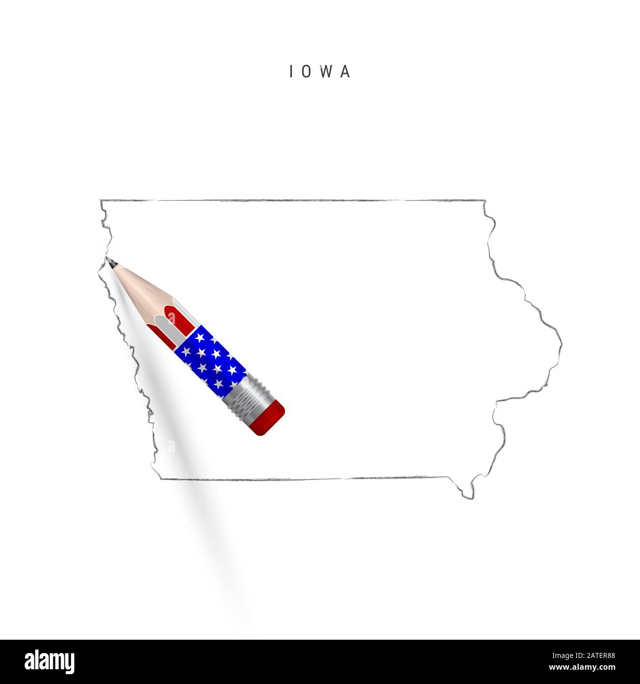 Iowa US state map pencil sketch. Iowa outline contour map with 3D ...