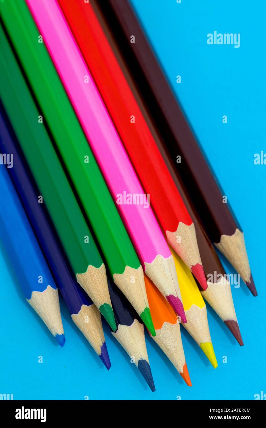 Multi color pencils on a blue background. School concept Stock Photo ...