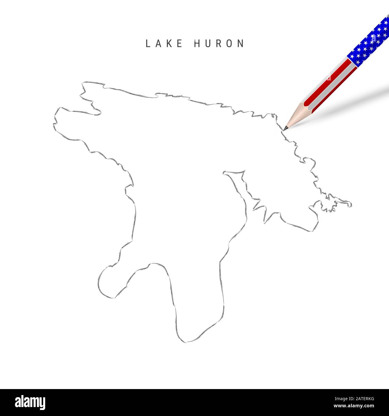Lake Huron Map Pencil Sketch Lake Huron Outline Contour Map With 3d Pencil In American Flag