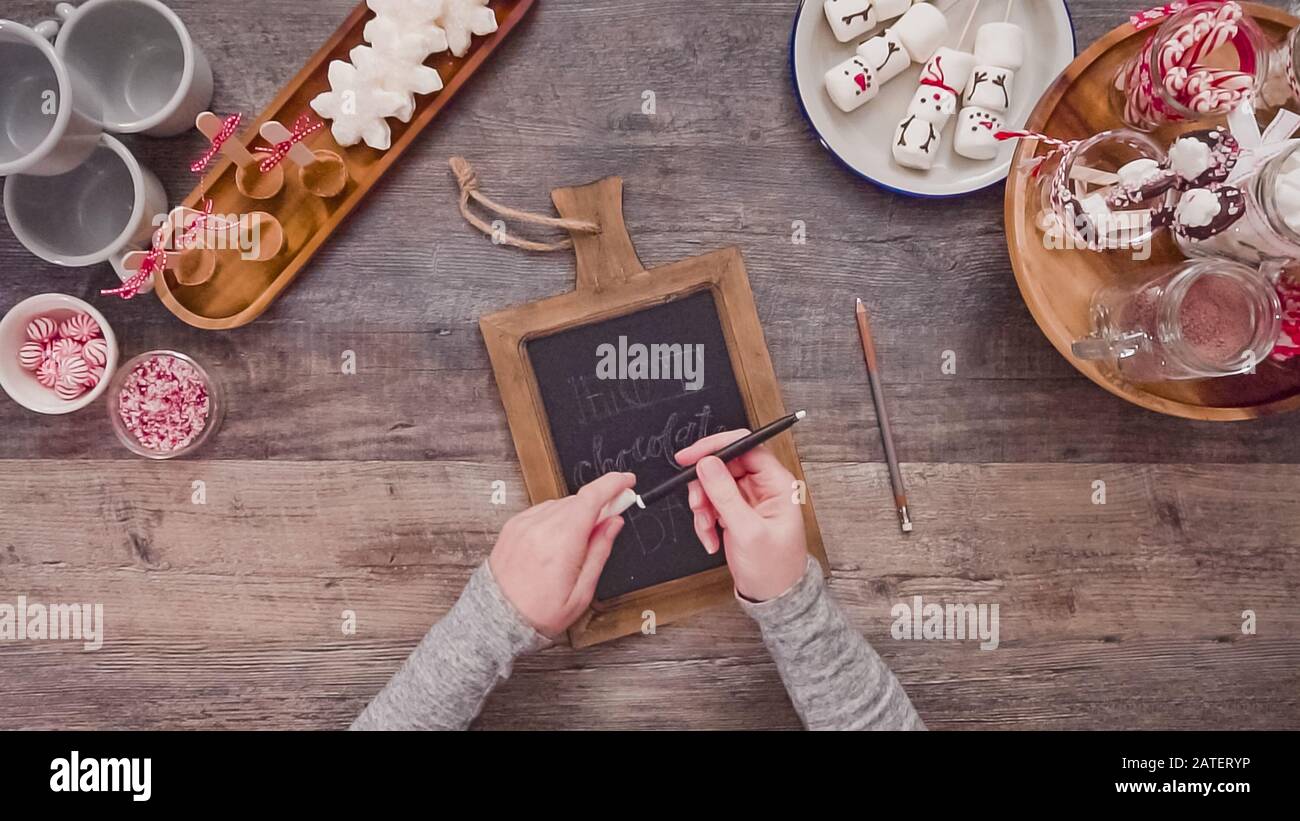 Step by step. Flat lay. Writing chalk board sign-Hot Chocolate Bar- for ...