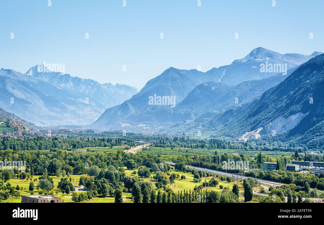 Landscape at Sion with Bernese Alps mountains Valais Switzerland Stock ...