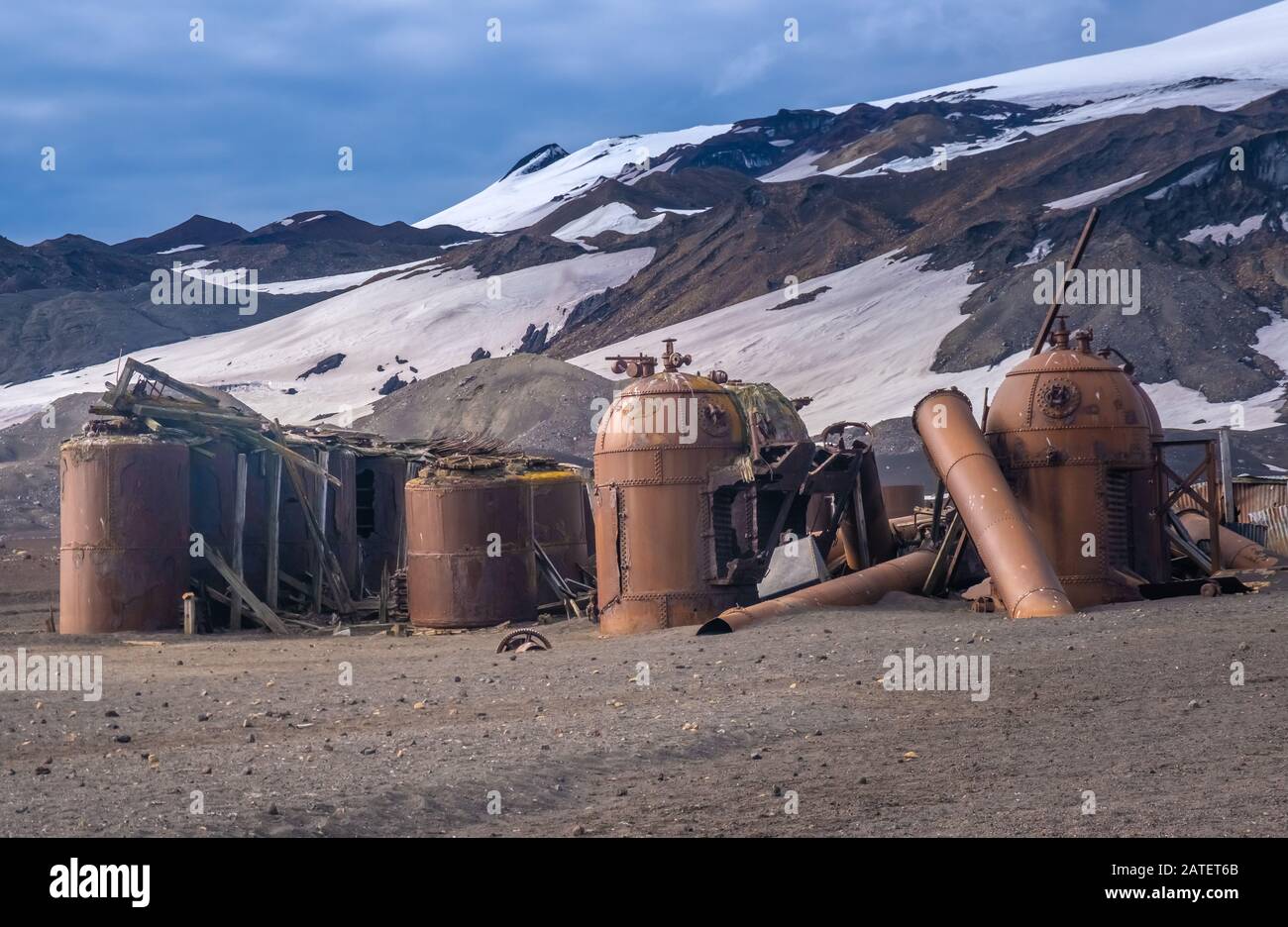 Ruined remains of a historical whaling station destroyed by a volcano ...