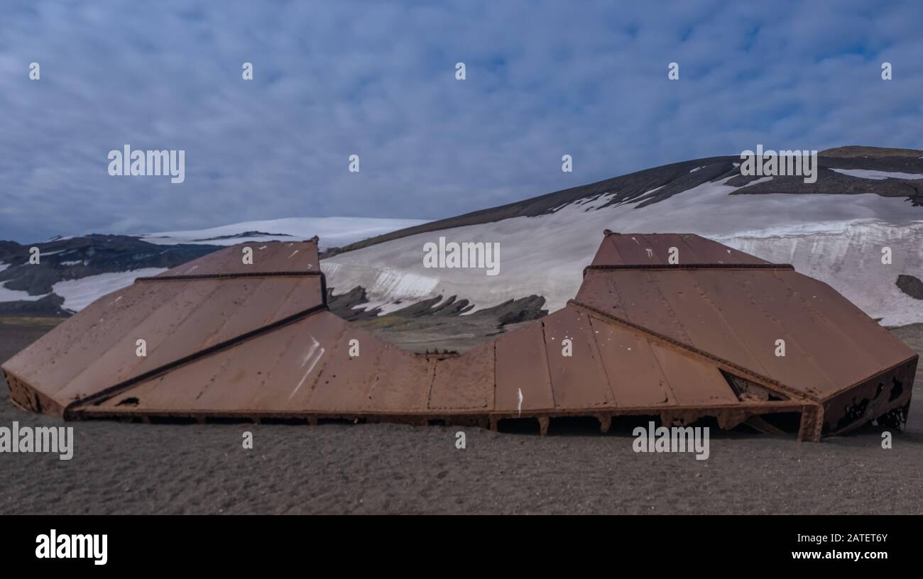 Ruined remains of a historical whaling station destroyed by a volcano ...
