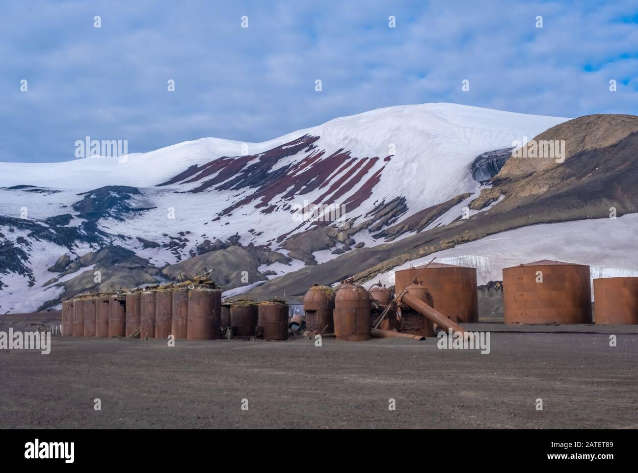 Ruined remains of a historical whaling station destroyed by a volcano ...