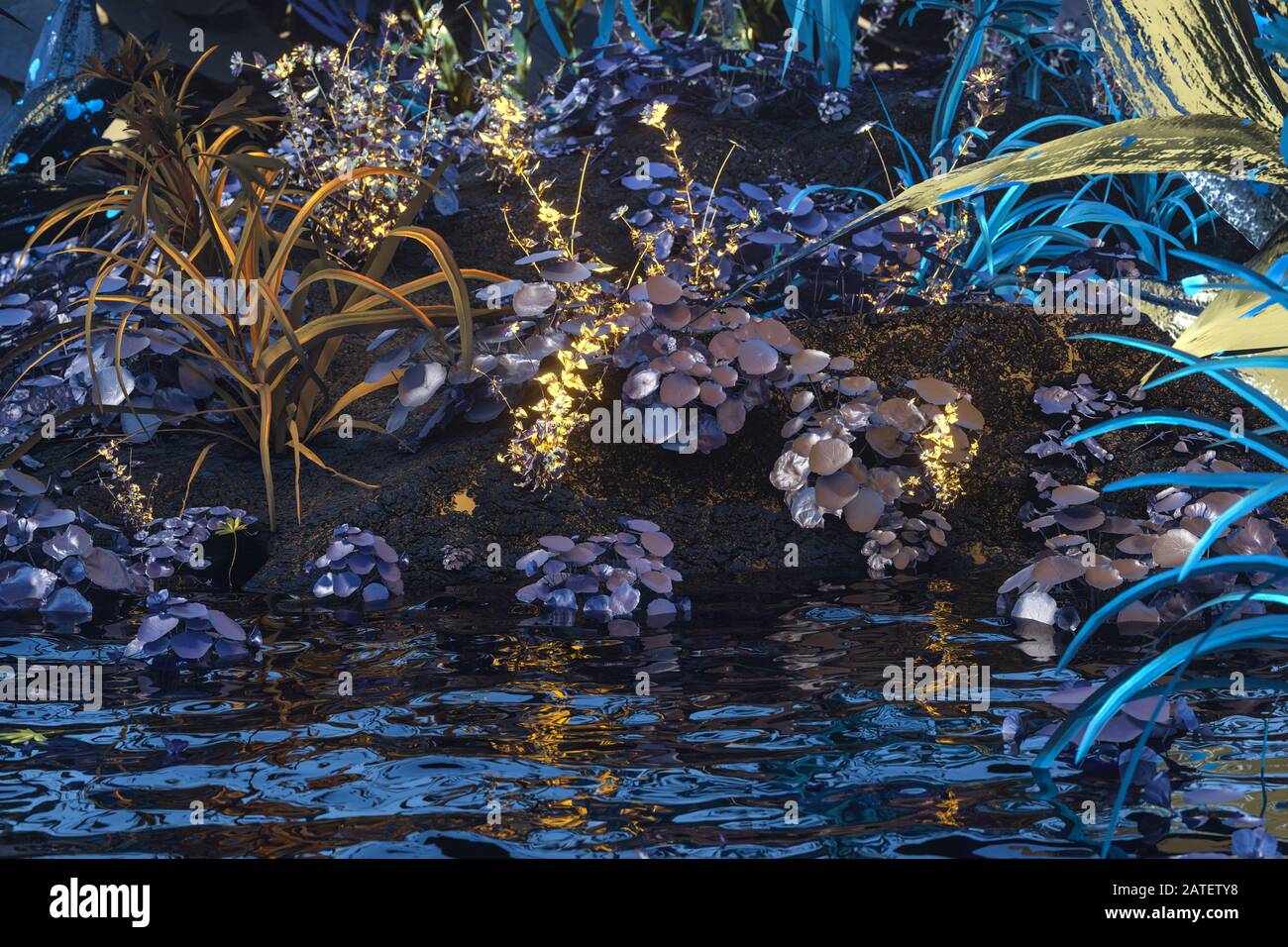 Living metallic plants with dark background,abstract conception,3d ...