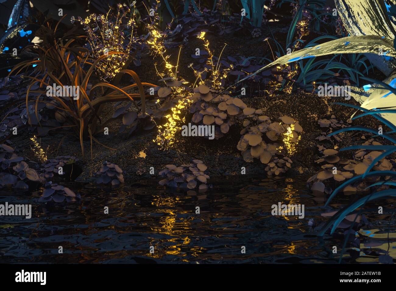 Living metallic plants with dark background,abstract conception,3d ...