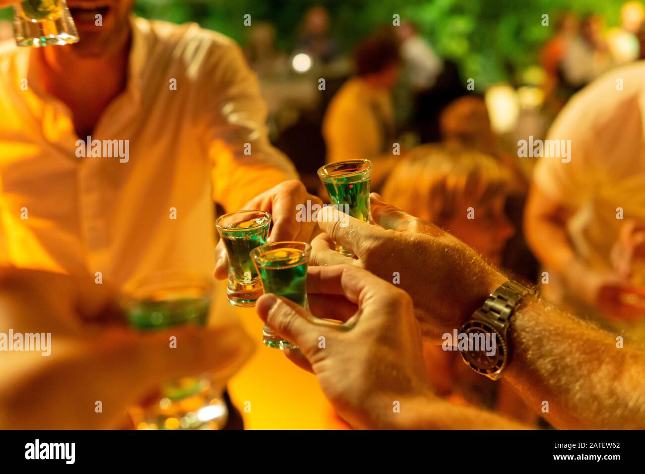 Group of people celebrating party and clink glasses with booze Stock ...