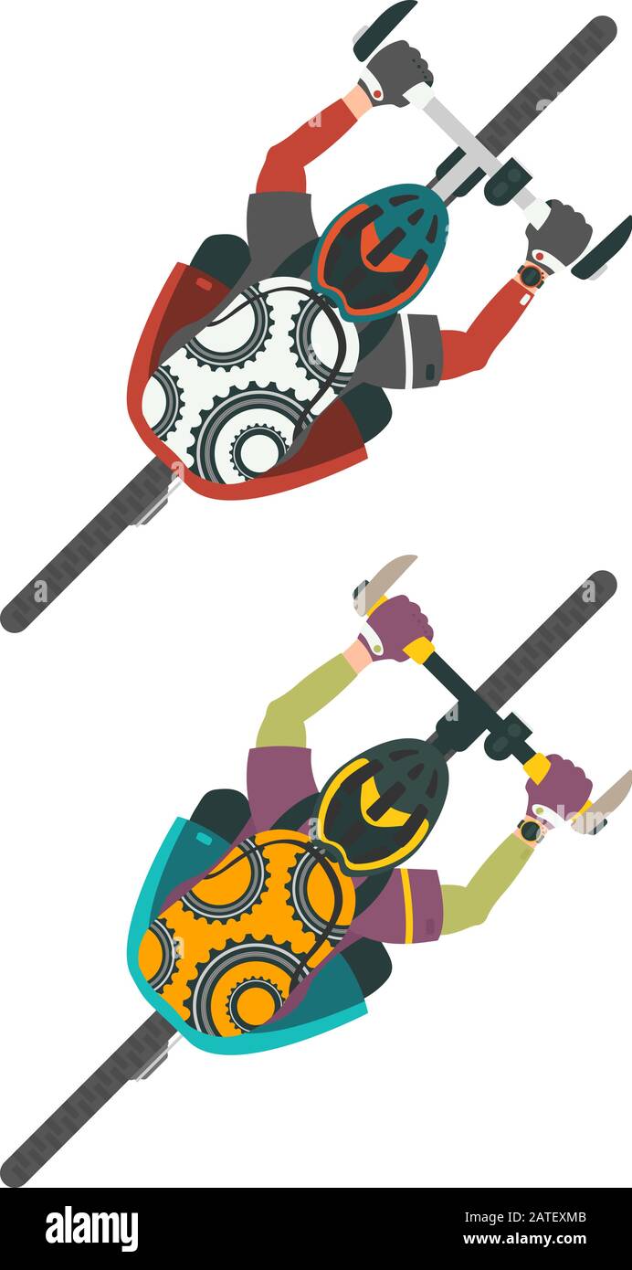 Two vector illustrations of bikers. Man and women with bags on MTB ...