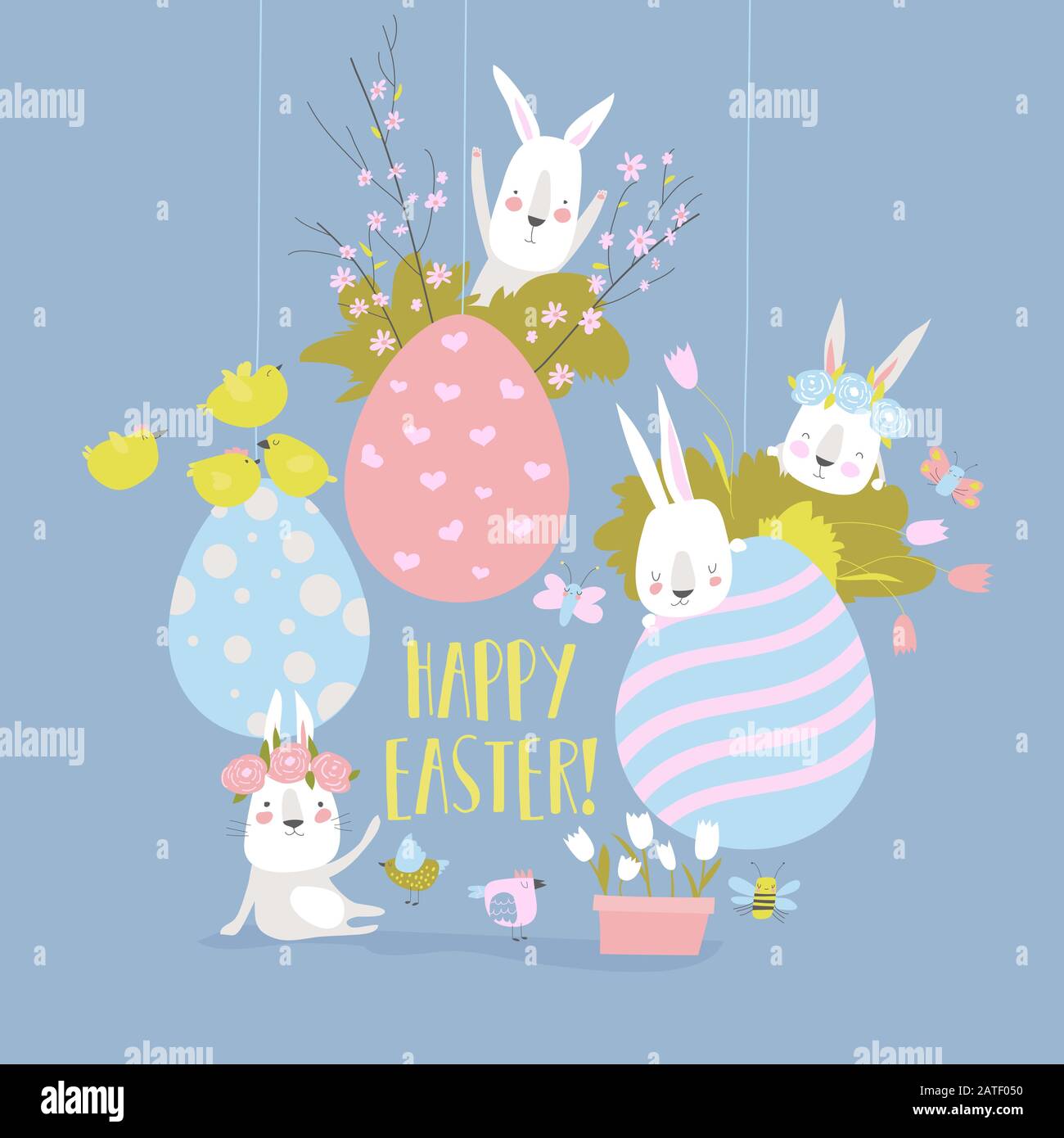 Cute cartoon bunny with Easter eggs and flowers Stock Vector Image ...