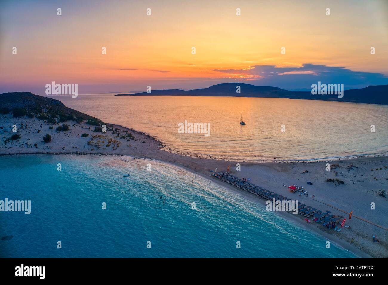 Aerial view of Simos beach at sunset in Elafonisos island in Greece ...