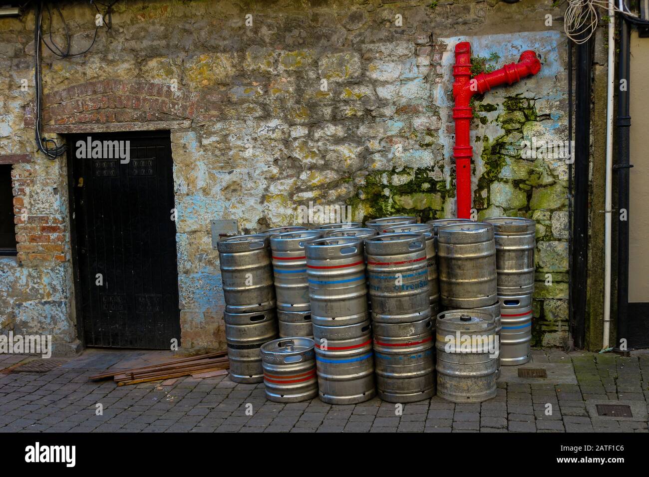 Kilkenny Ireland, February 20 2018: editorial photo of empty metal kegs ...