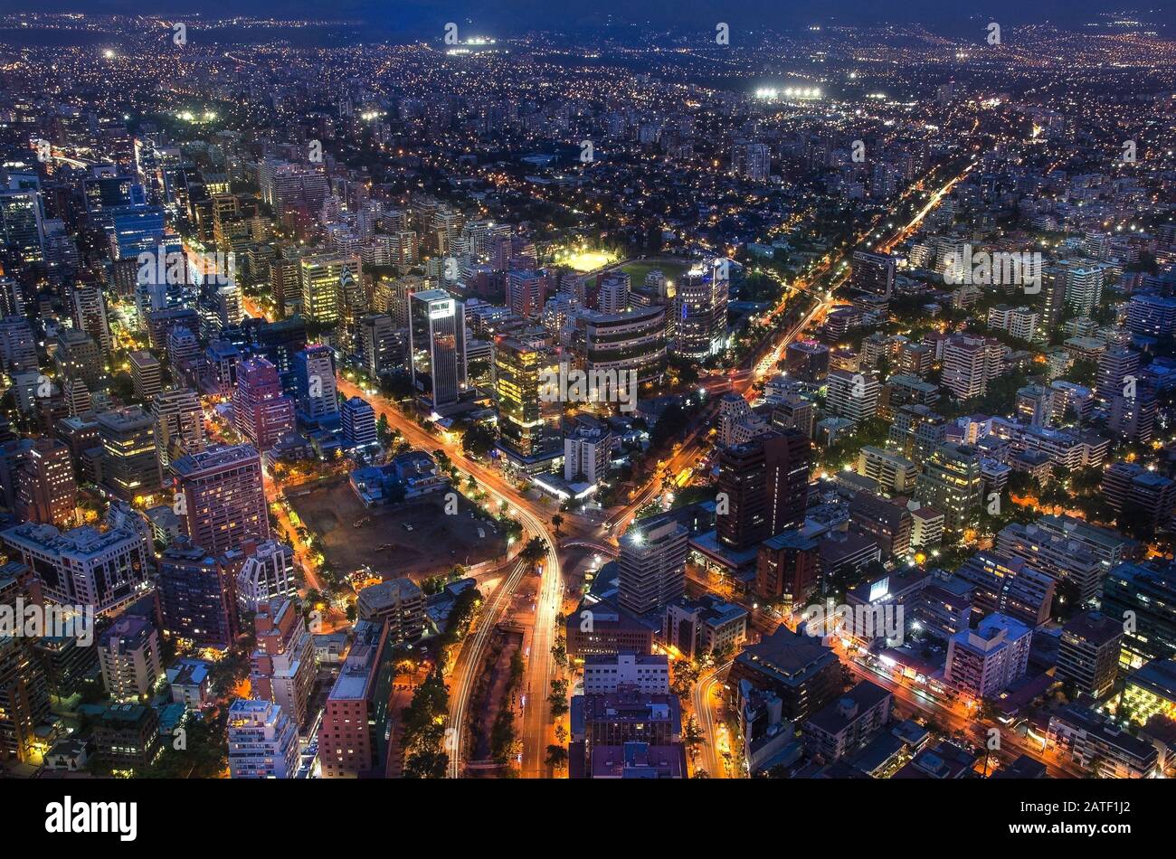 Panoramic night city view from the Gran Torre Santiago in Santiago de ...