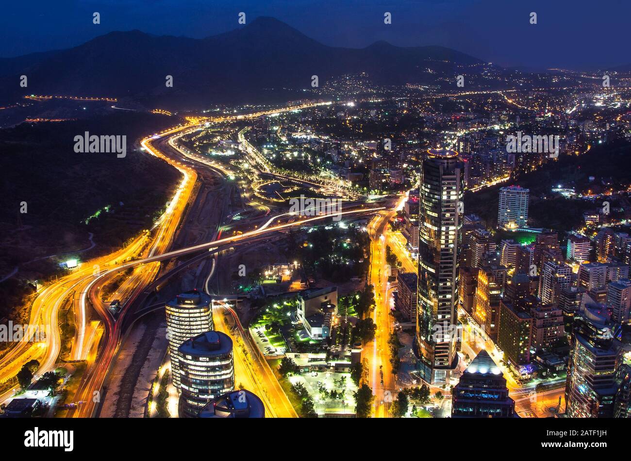 Panoramic night city view from the Gran Torre Santiago in Santiago de ...