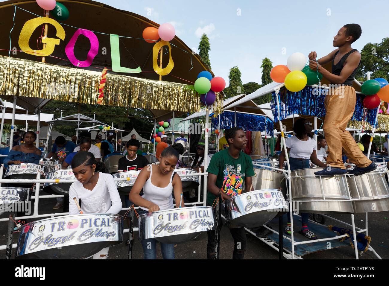 Steelpan orchestra players, Port of Spain, Trinidad & Tobago Stock ...