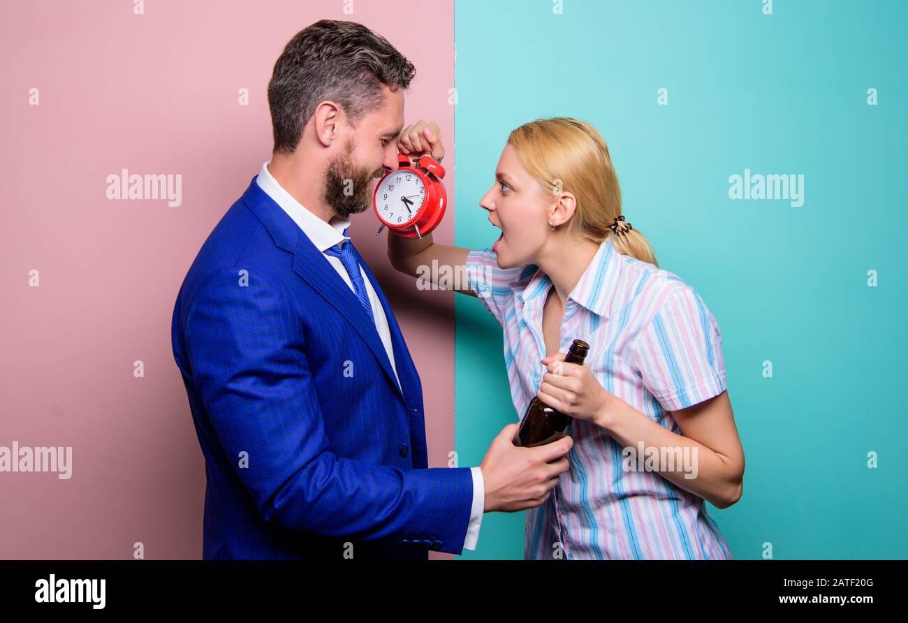 Hangover. Addiction concept. Stop drinking. Girl meet alcoholic guy ...