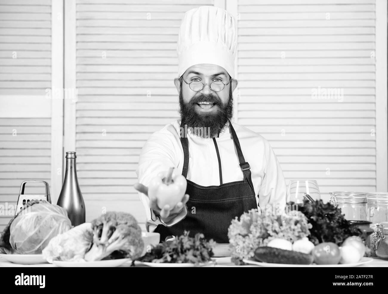 Dieting and organic food, vitamin. Healthy food cooking. Bearded man ...