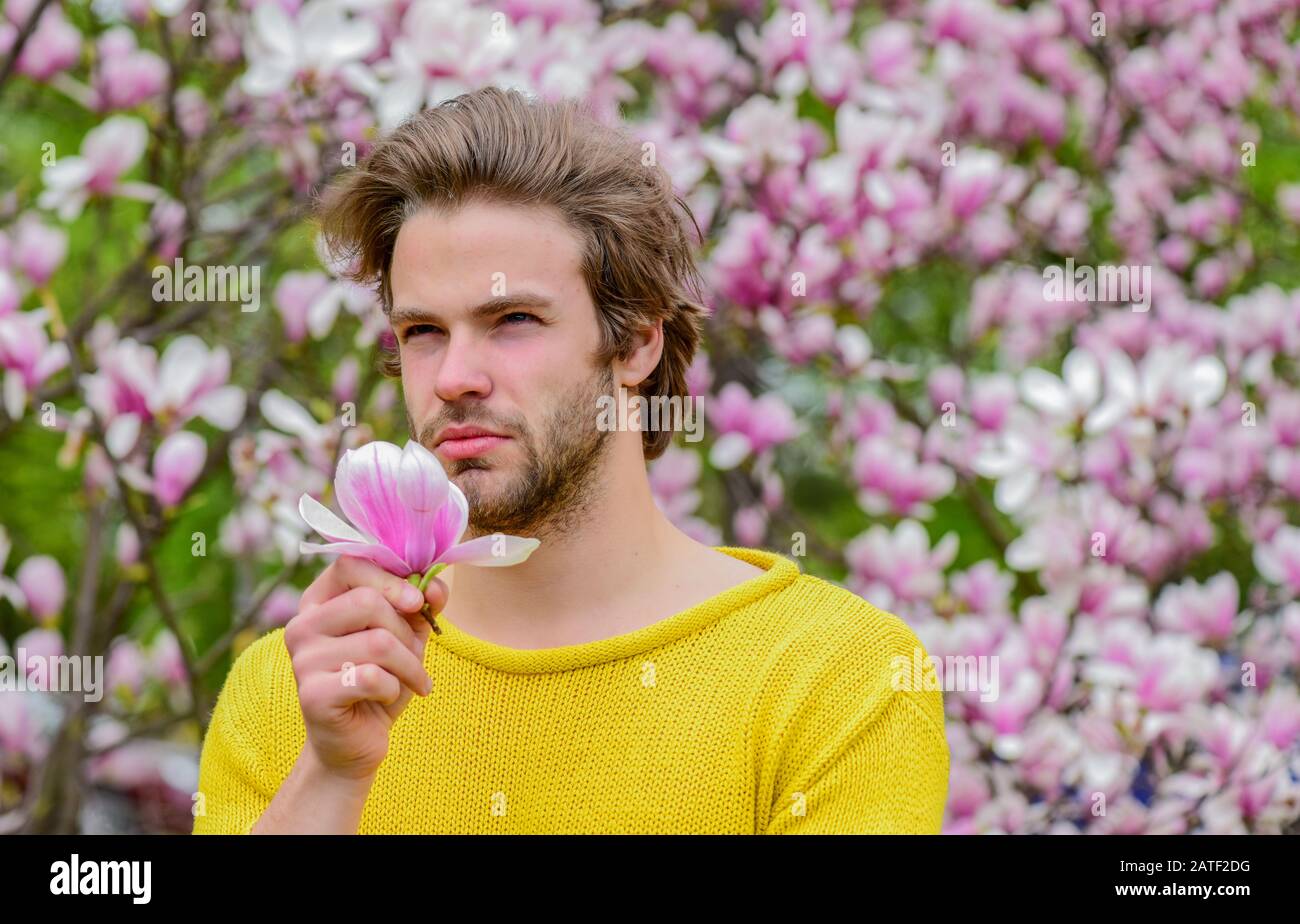 Modern hipster enjoy blossom. Springtime concept. Guy relax in flowers ...