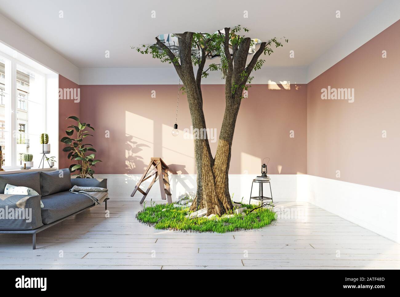 giant tree in the room,breaking the ceiling.3d rendering creative ...