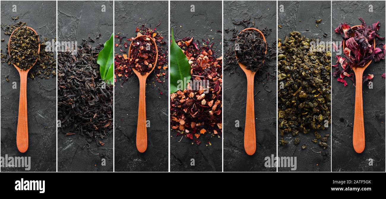 Photo banner. Collage photo of dry tea in spoons. On a black stone ...