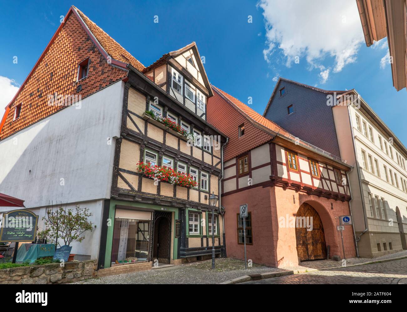 Half-timbered houses on Polle, street at Altstadt in Quedlinburg ...