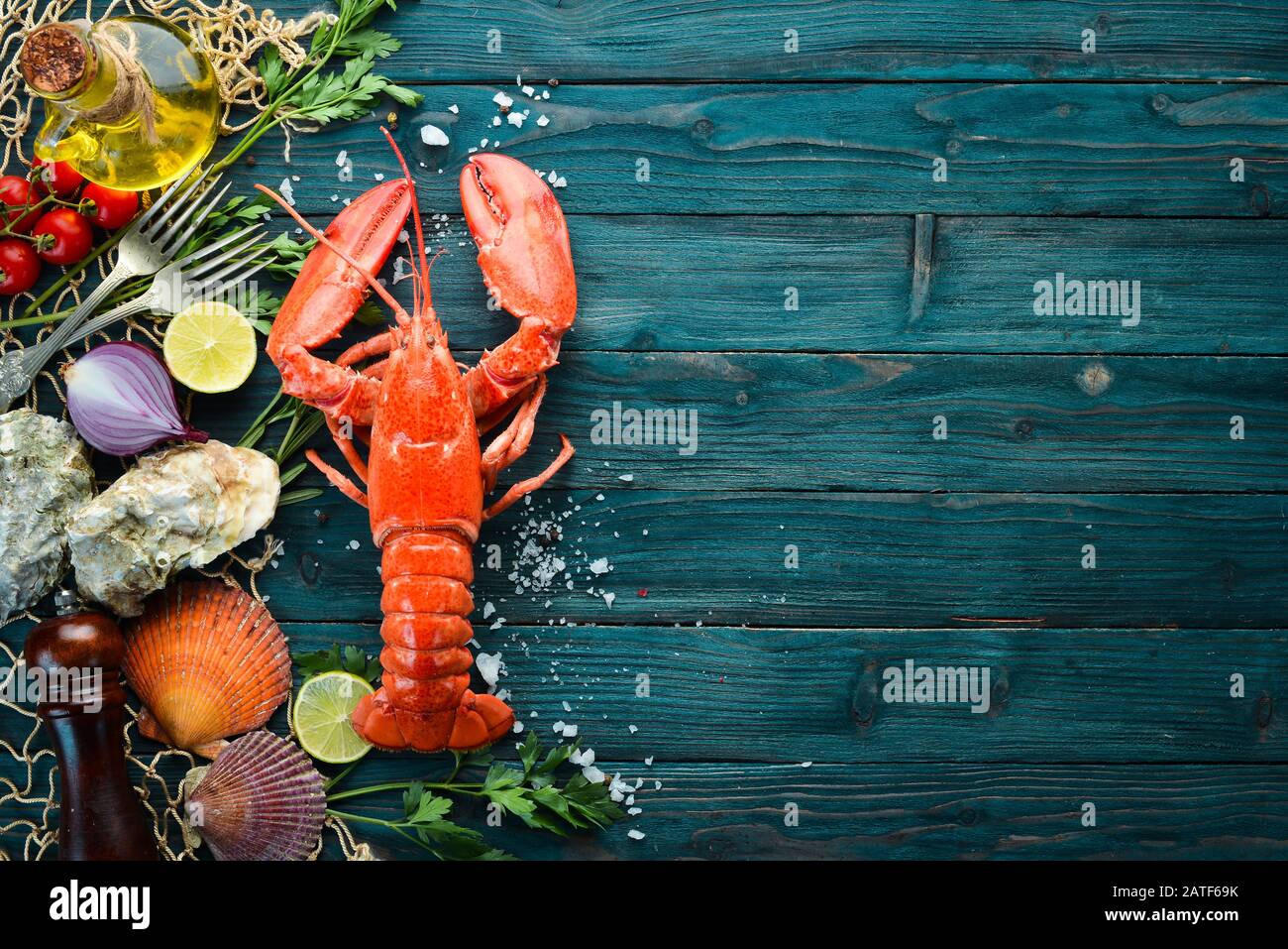 Seafood on a blue background. Lobster. Top view. Free copy space Stock ...