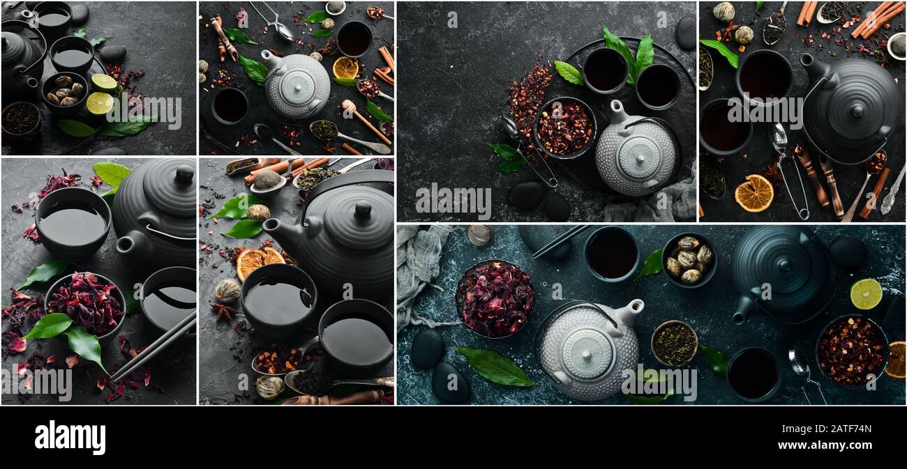 Photo banner. Photo collage, tea ceremony, tea in teapot with cups. On ...