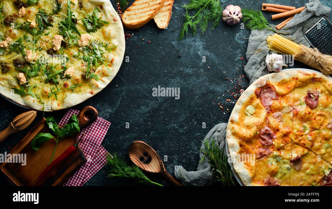 Pizza background. Assortment of pizza and ingredients. Italian ...